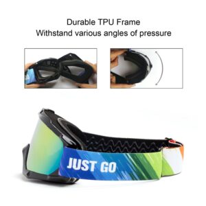 JUST GO Ski Goggles for Skiing Dual-Layer Anti-Fog 100% UV Protection lens Snowboard Goggles, Black Frame/Red Revo Lens (VLT 10.5%)