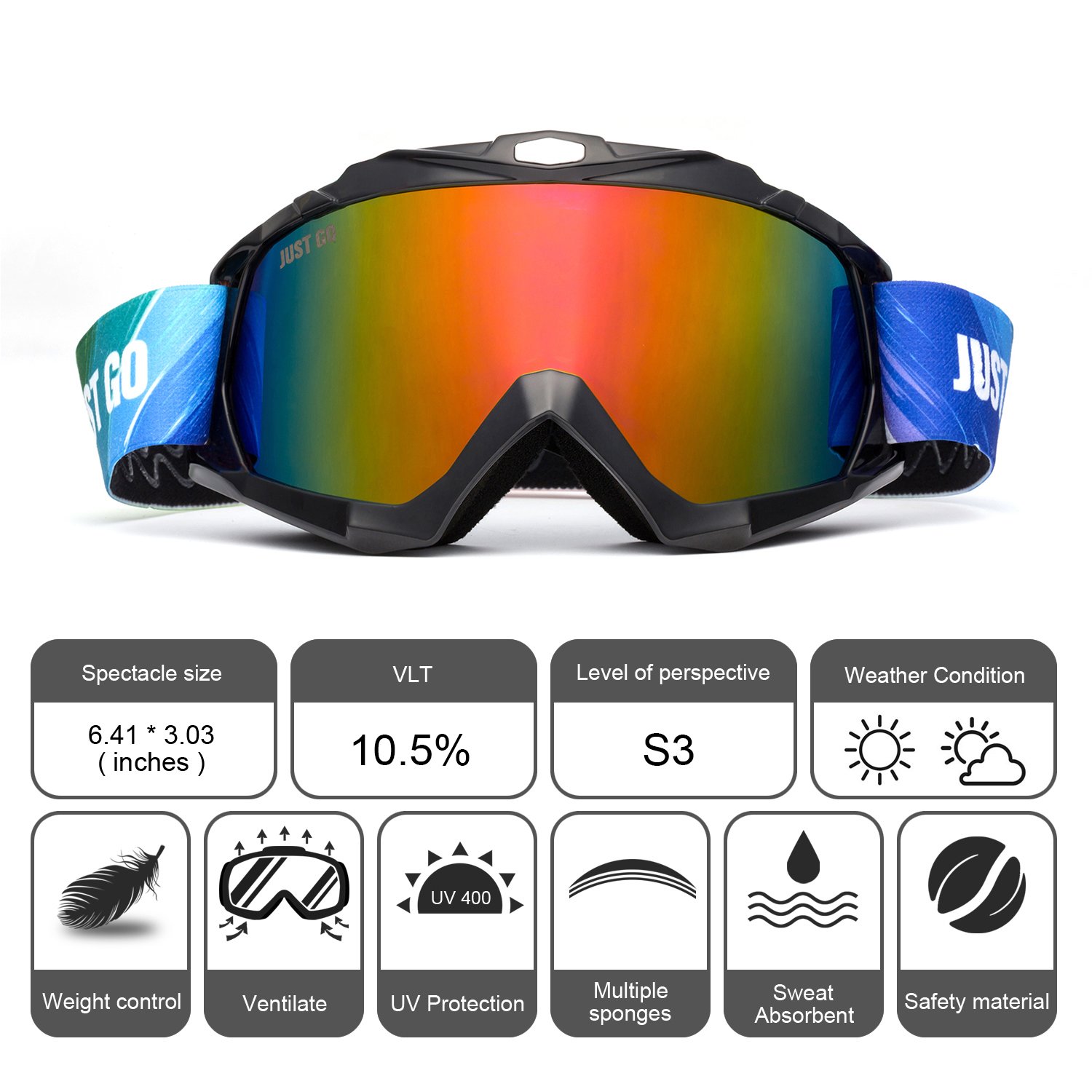 JUST GO Ski Goggles for Skiing Dual-Layer Anti-Fog 100% UV Protection lens Snowboard Goggles, Black Frame/Red Revo Lens (VLT 10.5%)