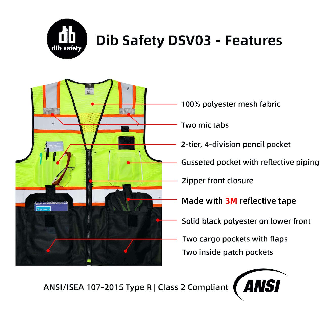 Dib Safety Vest Reflective with Pockets and Zipper, High Visibility Mesh ANSI Class 2, Made with 3M Reflective Tape, Yellow and Black Medium