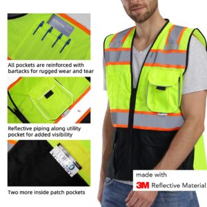 Dib Safety Vest Reflective with Pockets and Zipper, High Visibility Mesh ANSI Class 2, Made with 3M Reflective Tape, Yellow and Black Medium