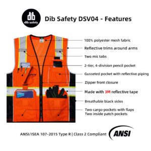 Dib Safety Vest Reflective Orange Mesh, High Visibility Vest with Pockets and Zipper, Heavy Duty Vest Made with 3M Reflective Tape L