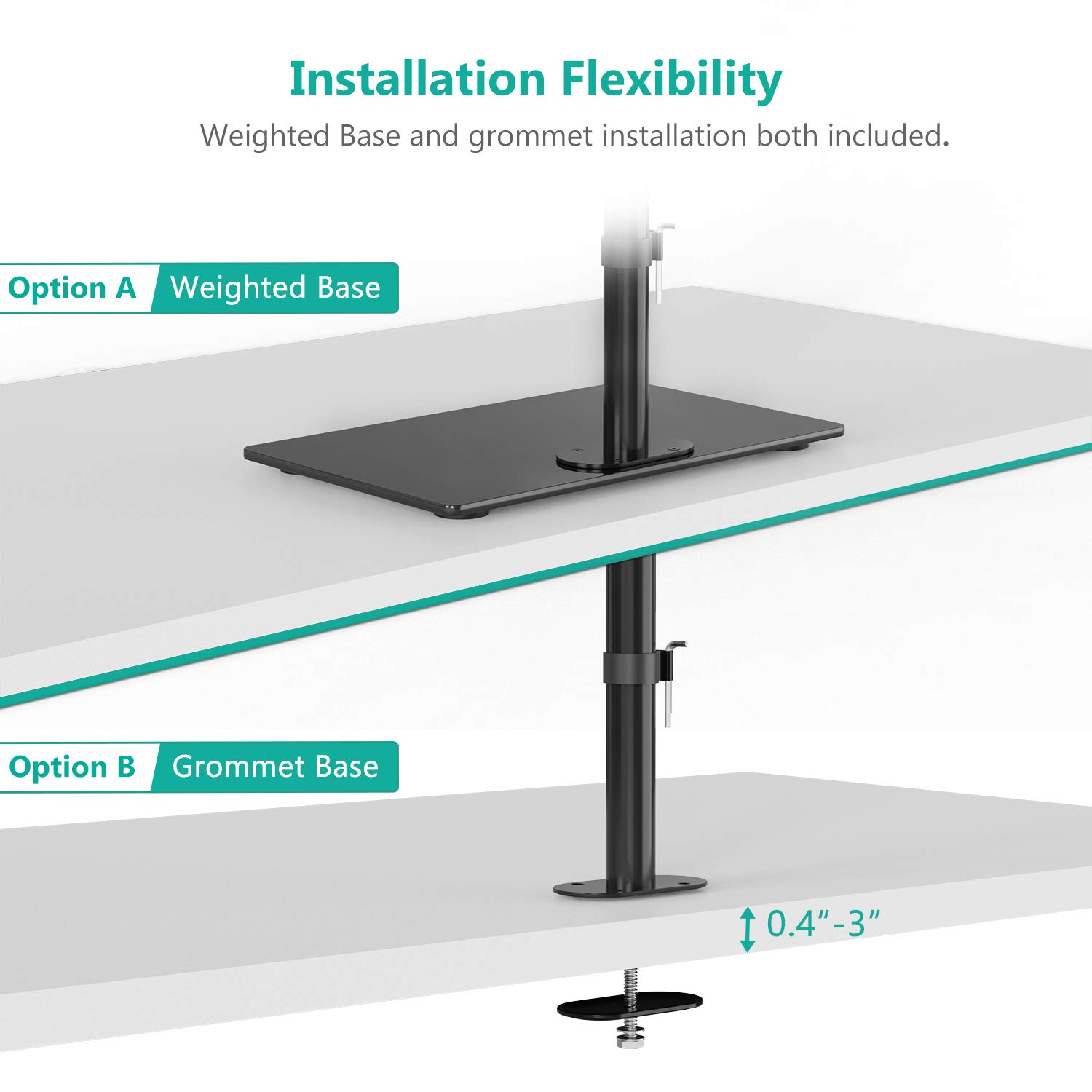 WALI Free Standing Dual Monitor Stand, Height Adjustable Monitor Mount with Glass Base, Fits LCD LED Flat Curved Screen up to 27 inch, 22lbs, with Grommet Base (GMF002)