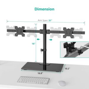 WALI Free Standing Dual Monitor Stand, Height Adjustable Monitor Mount with Glass Base, Fits LCD LED Flat Curved Screen up to 27 inch, 22lbs, with Grommet Base (GMF002)