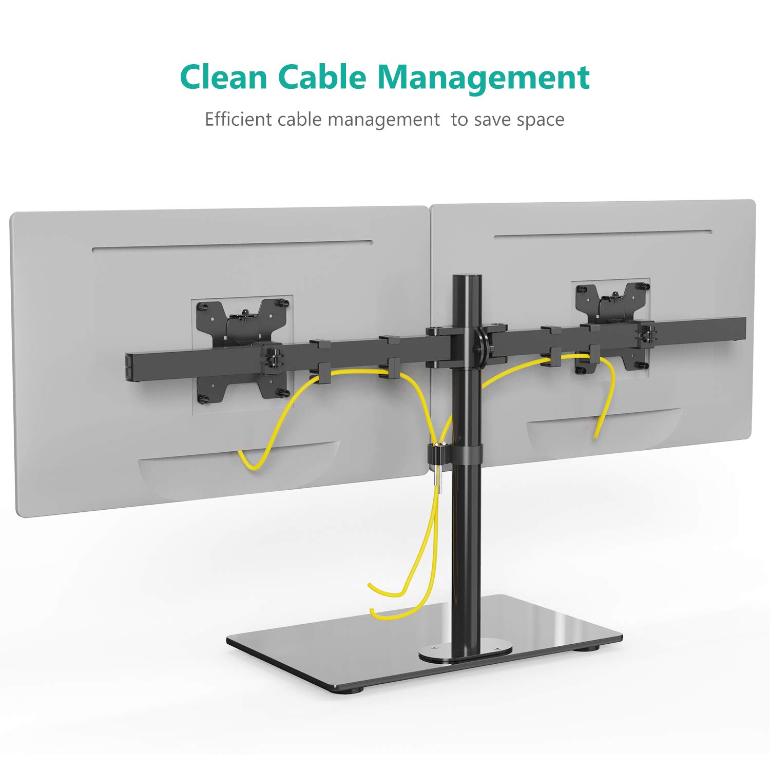 WALI Free Standing Dual Monitor Stand, Height Adjustable Monitor Mount with Glass Base, Fits LCD LED Flat Curved Screen up to 27 inch, 22lbs, with Grommet Base (GMF002)