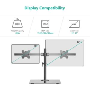 WALI Free Standing Dual Monitor Stand, Height Adjustable Monitor Mount with Glass Base, Fits LCD LED Flat Curved Screen up to 27 inch, 22lbs, with Grommet Base (GMF002)