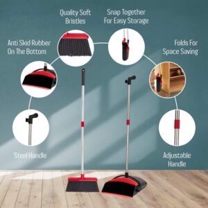 Broom and Dustpan Set - Strongest NO MORE TEARS 80% Heavier Duty - Upright Standing Dust Pan with Extendable Broomstick for Easy Sweeping - Easy Assembly Great Use for Home Kitchen Room Office Lobby