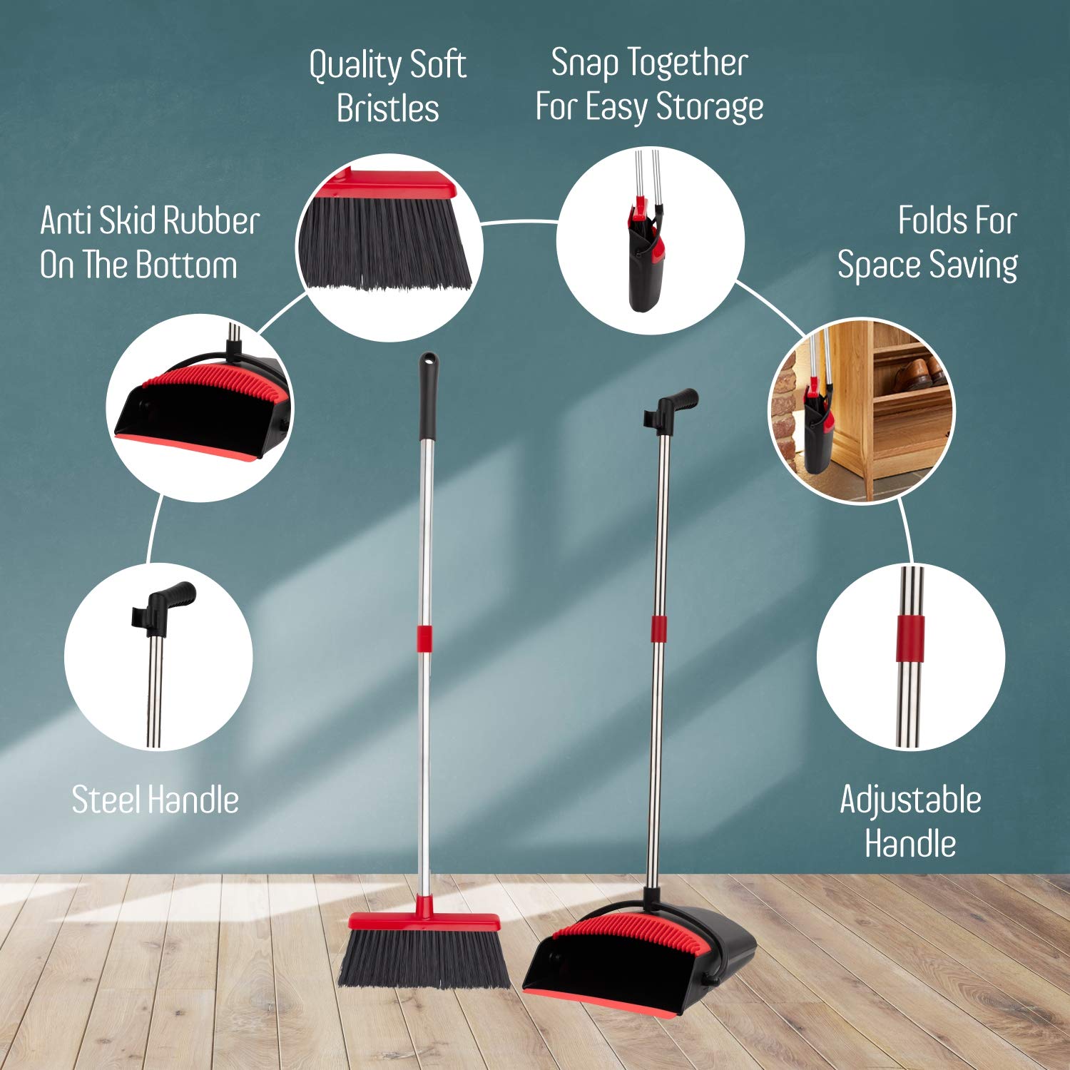 Broom and Dustpan Set - Strongest NO MORE TEARS 80% Heavier Duty - Upright Standing Dust Pan with Extendable Broomstick for Easy Sweeping - Easy Assembly Great Use for Home Kitchen Room Office Lobby