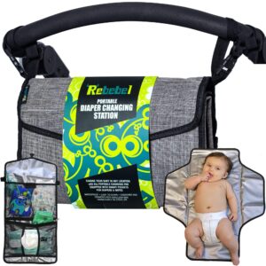 rebebel - portable changing pad and diaper bag, travel bag for baby essentials, convertible straps for shoulder or for baby stroller, pockets for baby stuff