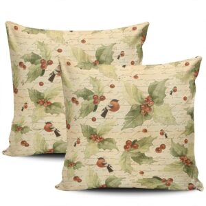 lekaihuai home decoration throw pillow covers christmas watercolor holly berries and bullfinch pillowcases square two sides print 22x22 inches set of 2