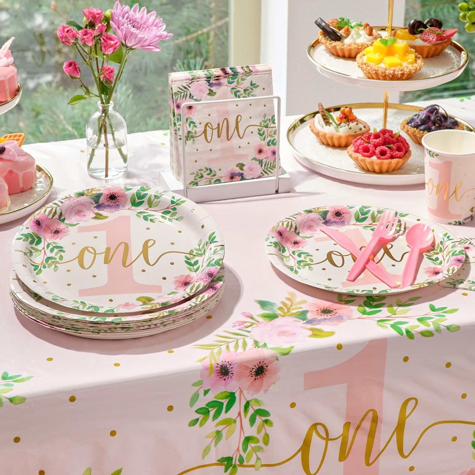 145-Piece Baby Girl's 1st Birthday Party Decorations, Floral Little Miss Onederful Dinnerware with Tablecloth (Serves 24)