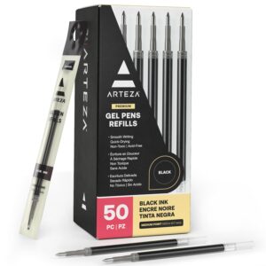 arteza gel pen refills, pack of 50 black roller ball gel ink pen refills, quick-drying, nontoxic, fine point for writing, taking notes & sketching, office & back to school supplies