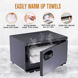 Houseables Hot Towel Warmer Cabinet, UV, 11” x 17”, 1 Cabbie, 2 Pairs of Tongs, 5 Towels, Black, Metal, Cotton, Steamer, Light, For Spa, Salon, Barber, Facial, Massage, 18L