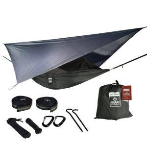 oak creek camping hammock and accessories. complete package with mosquito bug net, rain fly, tree straps. great for hiking, backpacking, and travel. weighs only 4 pounds. carbon gray.