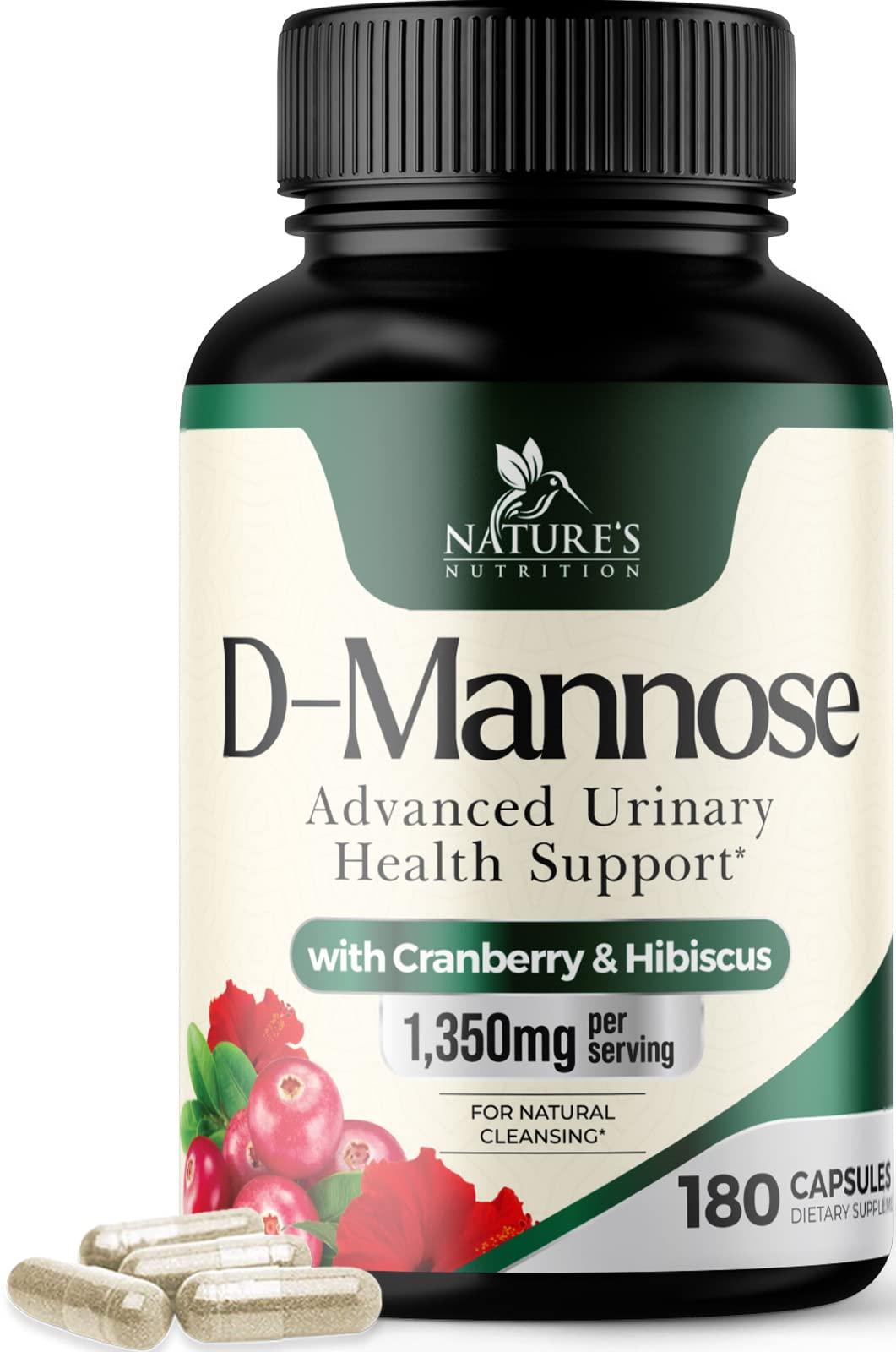 D-Mannose & Cranberry Extract 1350mg Advanced Formula, Fast-Acting Natural Urinary Tract Health Support for Women & Men, Flush Impurities in Urinary Tract & Bladder, Non-GMO, Vegan - 180 Capsules