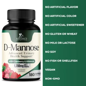 D-Mannose & Cranberry Extract 1350mg Advanced Formula, Fast-Acting Natural Urinary Tract Health Support for Women & Men, Flush Impurities in Urinary Tract & Bladder, Non-GMO, Vegan - 180 Capsules