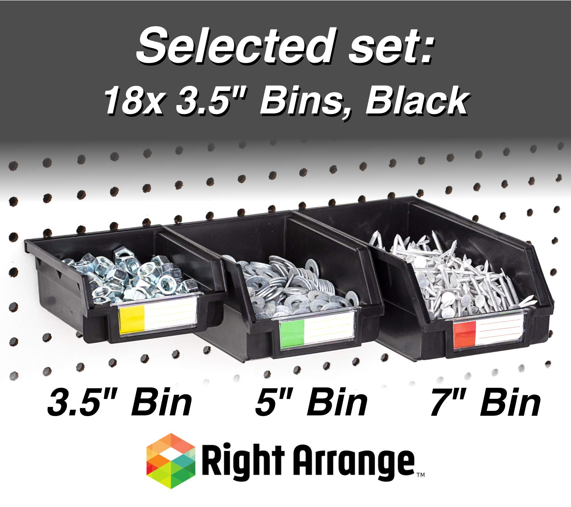 Right Arrange Pegboard Bins – 18 Pack Black - Hooks to Any Peg Board - Organize Hardware, Accessories, Attachments, Workbench, Garage Storage, Craft Room, Tool Shed, Hobby Supplies, Small Parts