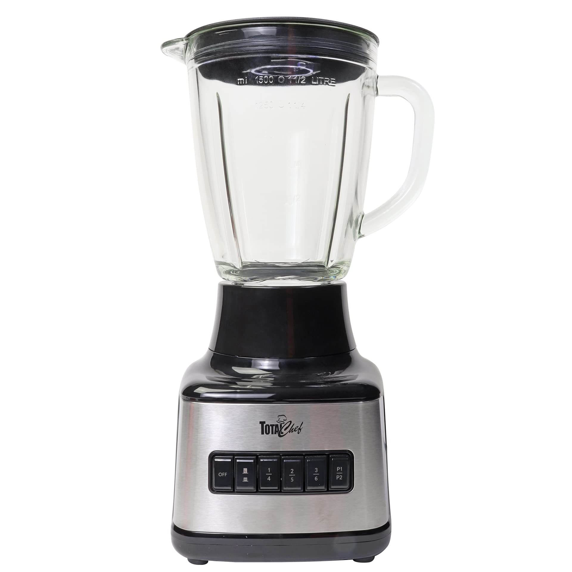 Total Chef 6-Speed Countertop Blender, 6 Cup (1.5L) Glass Jar, 2 Pulse Options, 500 W, Stainless Steel Blades, Auto-Clean Function, Puree, Crush, Blend For Smoothies, Shakes, Dips, Black and Silver