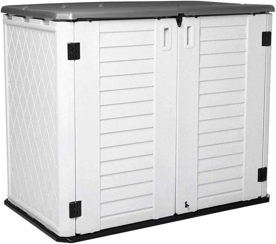 Horizontal Outdoor Garden Storage Shed for Backyards and Patios,Waterproof Storage Box,26 Cubic Feet Capacity for Garbage Cans, Lawnmower,Tools and Garden Accessories,Light Beige (White)