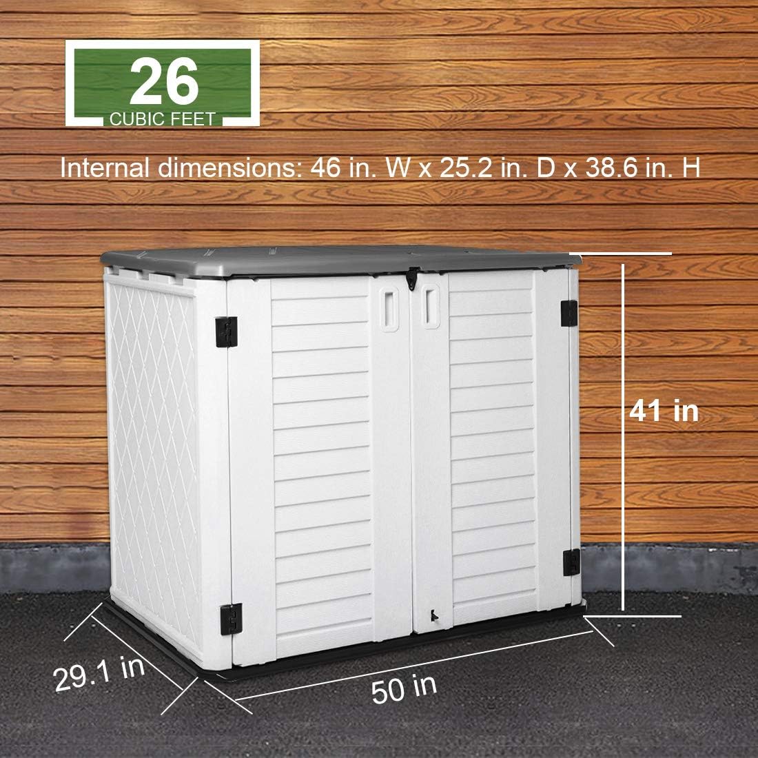 Horizontal Outdoor Garden Storage Shed for Backyards and Patios,Waterproof Storage Box,26 Cubic Feet Capacity for Garbage Cans, Lawnmower,Tools and Garden Accessories,Light Beige (White)