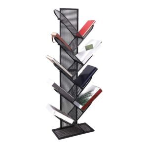 unho tree bookshelf free standing metal bookcase 8 shelves display rack for books, magzines, cds, home office decor - black