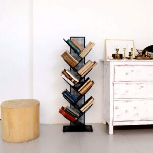 unho Tree Bookshelf Free Standing Metal Bookcase 8 Shelves Display Rack for Books, Magzines, CDs, Home Office Decor - Black