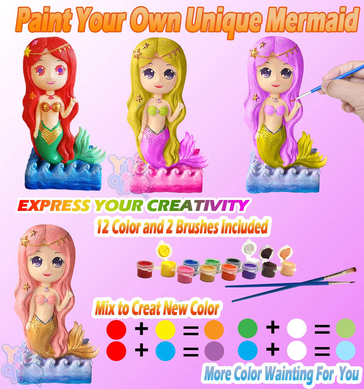 Yileqi Paint Your Own Mermaid Painting Kit, Mermaid Toys Paint Mermaid Crafts and Arts Set for Girls Ages 4 5 6 7 8 9 10 Years Old, Non Ceramic & Non Fragile, Kids Piggy Banks Birthday Gift