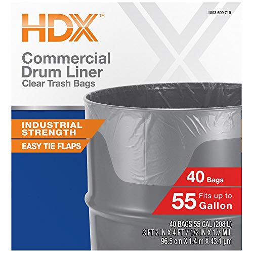 HDX 55 Gallon Clear Heavy-Duty Flap Tie Drum Liner Trash Bags (40-Count)