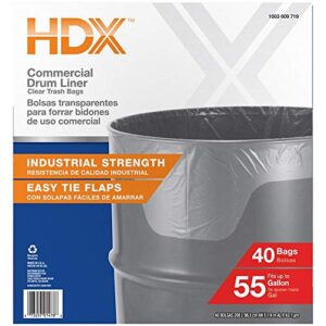 HDX 55 Gallon Clear Heavy-Duty Flap Tie Drum Liner Trash Bags (40-Count)