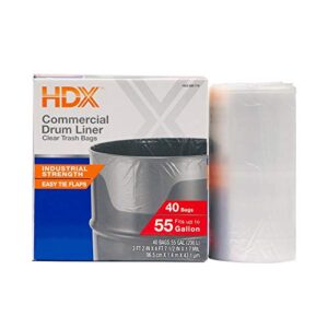 HDX 55 Gallon Clear Heavy-Duty Flap Tie Drum Liner Trash Bags (40-Count)