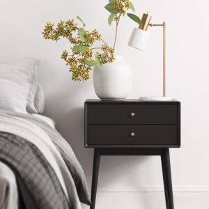 Elle Decor Stephanie Side Table, Mid-Century Modern Nightstand or Living Room Accent with Two Drawers for Storage, Monochrome Painted Wood, Black