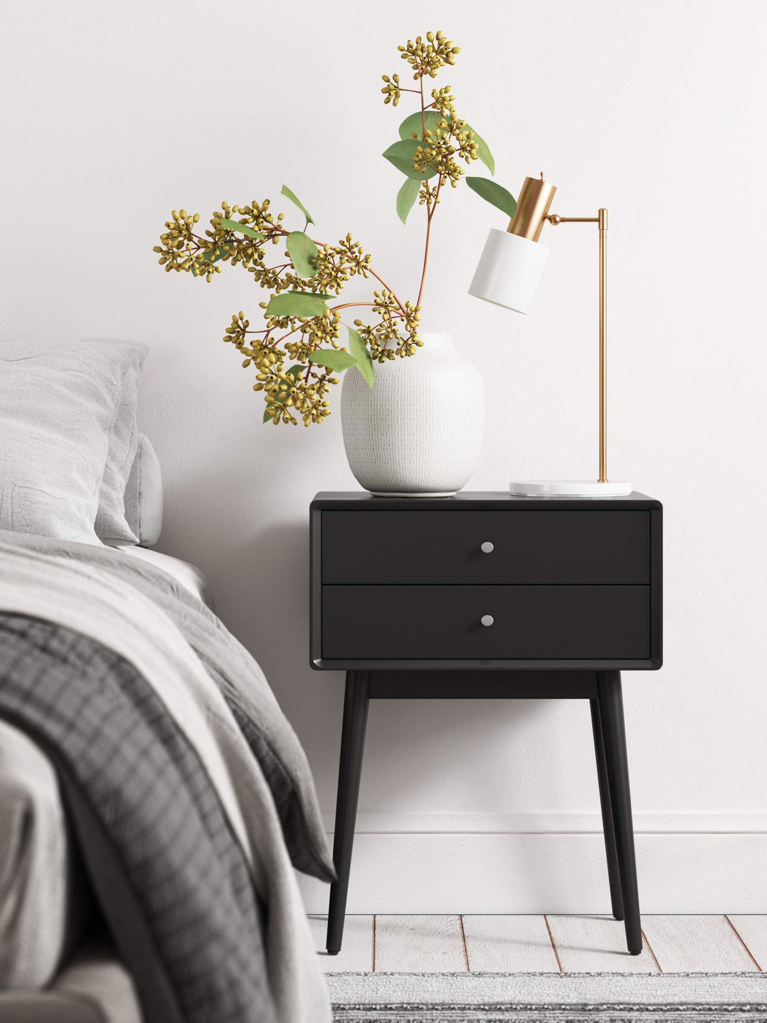 Elle Decor Stephanie Side Table, Mid-Century Modern Nightstand or Living Room Accent with Two Drawers for Storage, Monochrome Painted Wood, Black