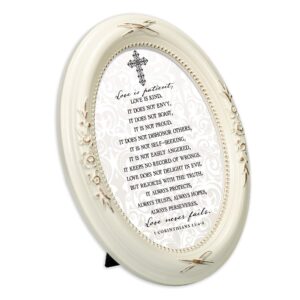 cottage garden love never fails inspirational distressed ivory floral 5 x 7 oval table top and wall photo frame