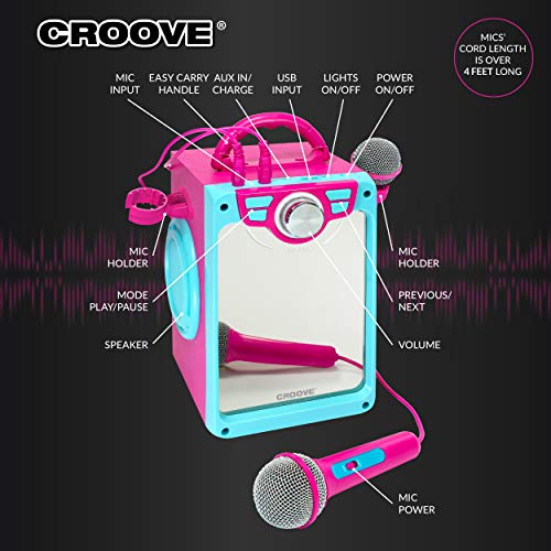 Portable Karaoke Machine for Teens - Pink Karaoke Speaker Set With 2 Microphones - Bluetooth/AUX/USB Inputs, Karaoke System With Microphone Gifts for Girls & Adults - Singing Machine With Disco Lights