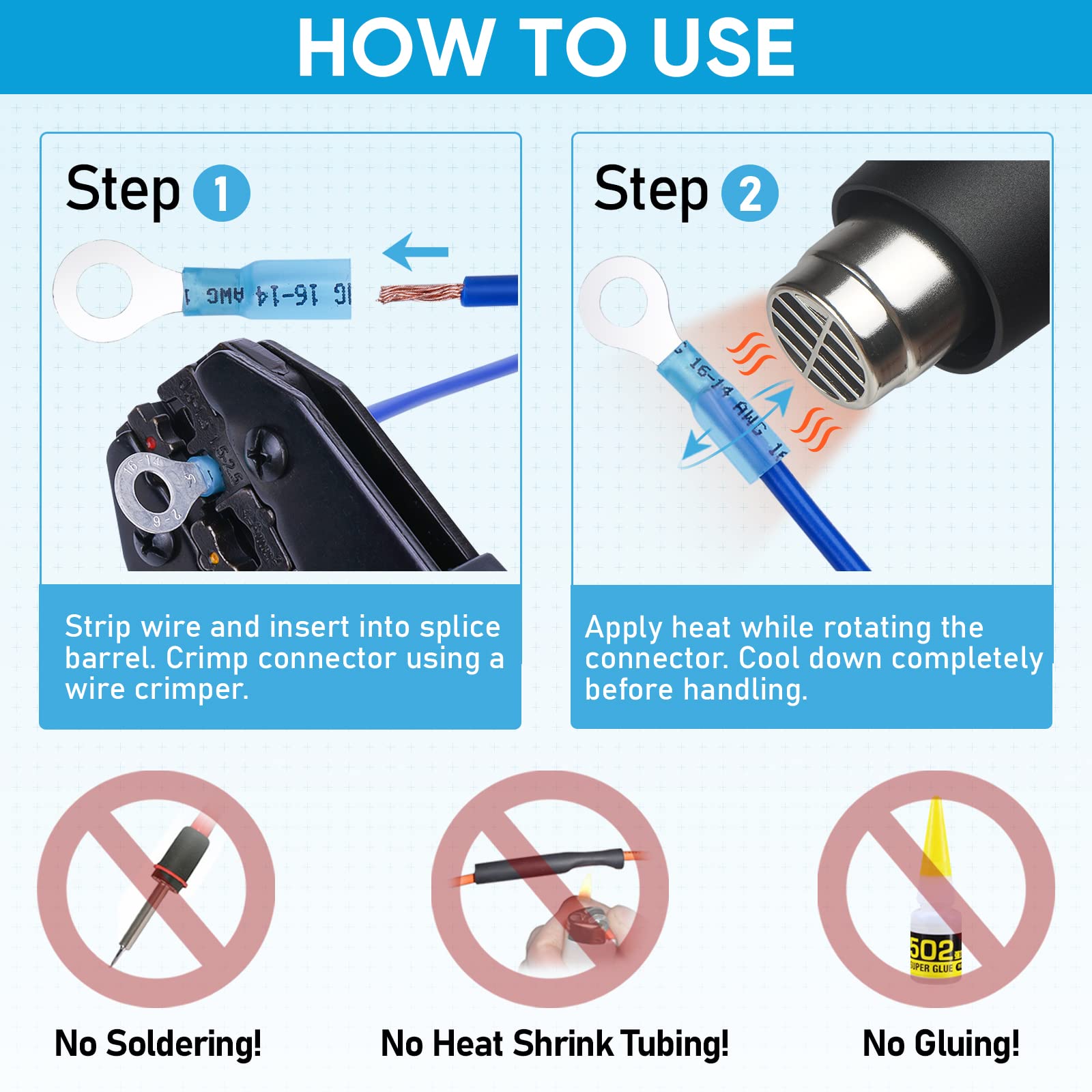 TICONN 250Pcs Heat Shrink Wire Connectors, Waterproof Automotive Marine Electrical Terminals Kit, Crimp Connector Assortment, Ring Fork Spade Splices