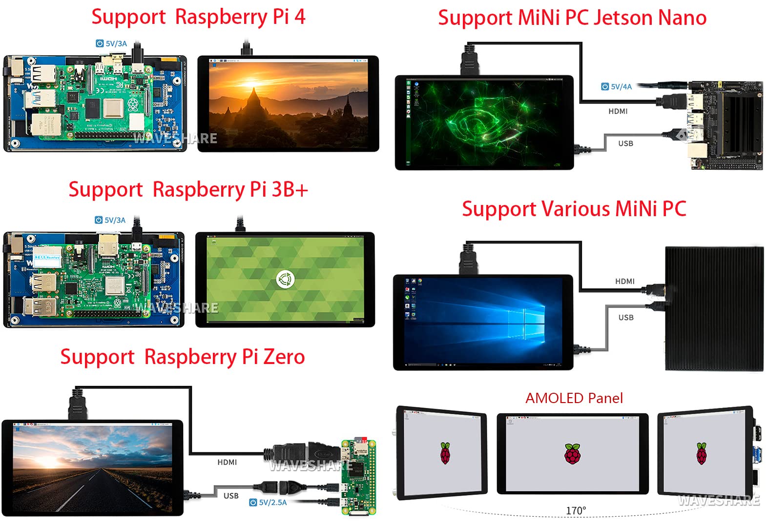 waveshare 5.5inch HDMI AMOLED Display 1080x1920 Resolution Capacitive Touch Screen with Toughened Glass Cover 6H Hardness for Raspberry Pi 4B/3B+/3B/2B/Zero/Zero W and Jetson Nano,PC,Multi Systems