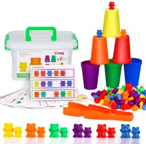 bmag counting bears with matching sorting cups,number color recognition stem educational toy for toddler, pre-school learning toy with 90 bears,2 tweezers,11 activity cards,1 storage box