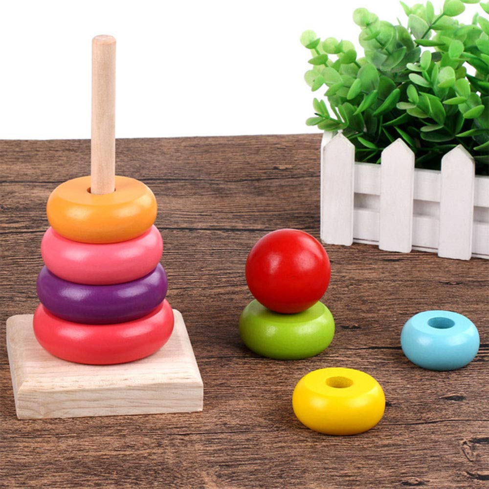 FANSUSENKE Rainbow Stacking Rings Toy Classic Stacker Developmental Toys with Premium Wooden 8 Colorful Pieces Smooth Rings and Solid Wood Base for Kid Boys and Girls Baby Toy Building Blocks