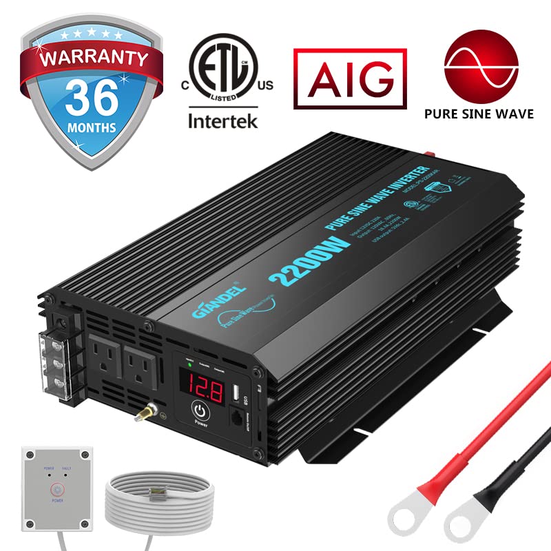 GIANDEL Pure Sine Wave Power Inverter 2200Watt ETL UL458 Listed DC 12V to 120 Vac with Dual AC Outlets and hardwire Blocks & LED Display Remote for RV Truck Boat Solar Emergency【3 YRS Warranty】