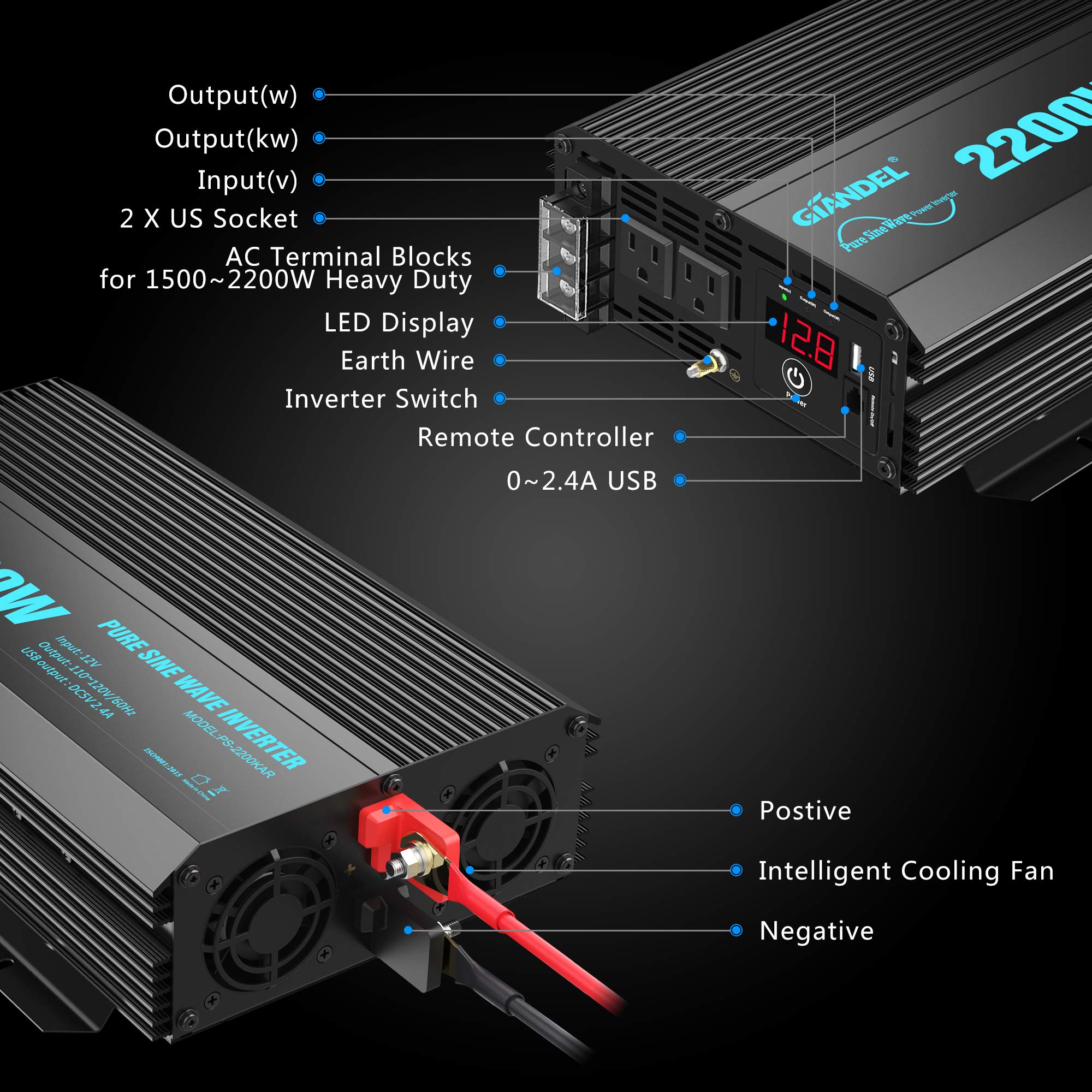 GIANDEL Pure Sine Wave Power Inverter 2200Watt ETL UL458 Listed DC 12V to 120 Vac with Dual AC Outlets and hardwire Blocks & LED Display Remote for RV Truck Boat Solar Emergency【3 YRS Warranty】