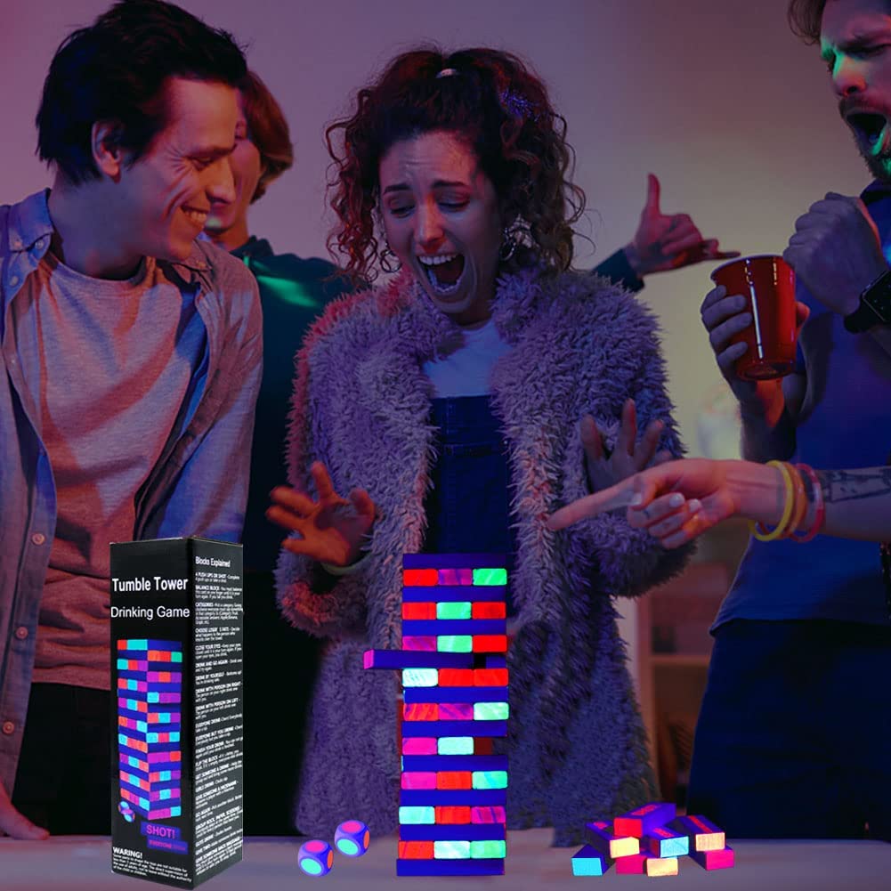 Drinking Games for Adults Party, Black Light Tumble Tower -Glowing Drinking Games Suitable for Day Or Night, 54 Blocks with Hilarious Drinking Commands, Stacking Games for adults party