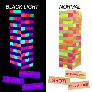 Drinking Games for Adults Party, Black Light Tumble Tower -Glowing Drinking Games Suitable for Day Or Night, 54 Blocks with Hilarious Drinking Commands, Stacking Games for adults party