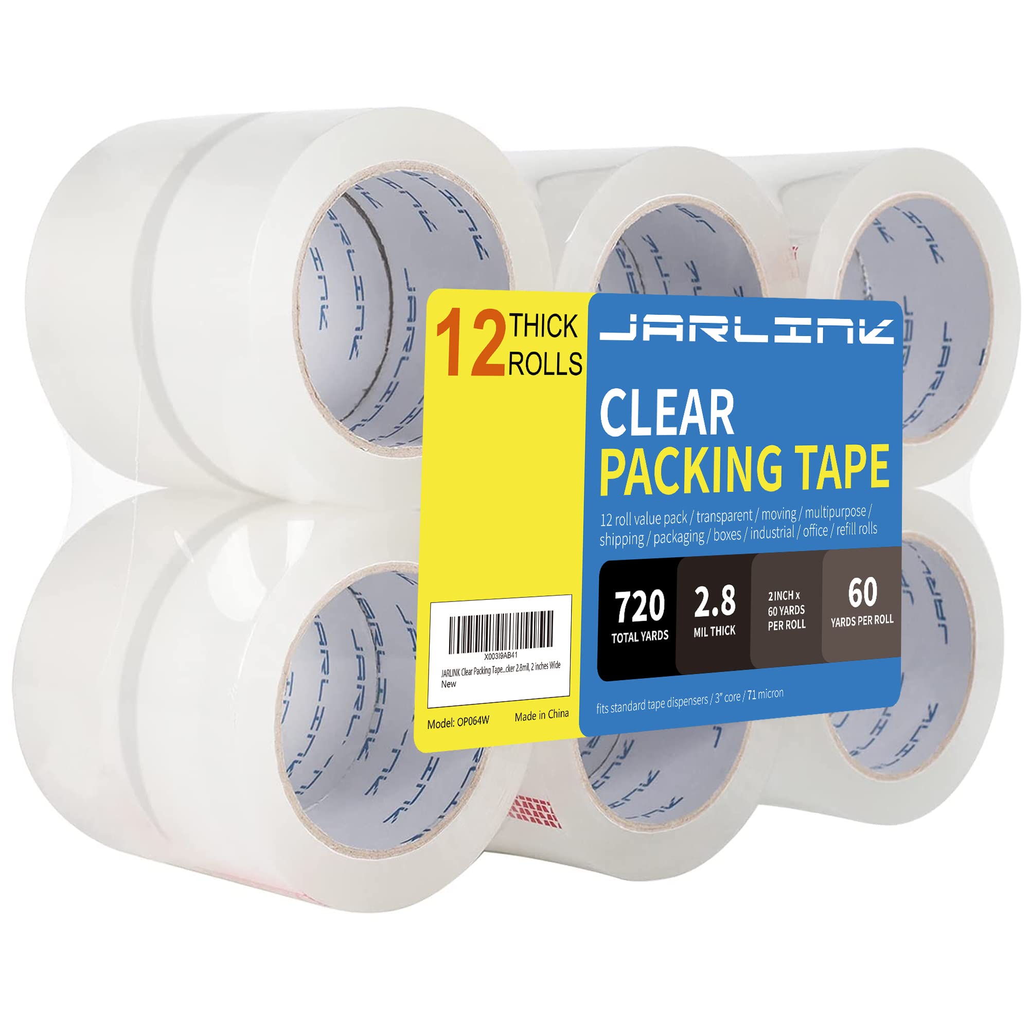 JARLINK Clear Packing Tape (12 Rolls), Heavy Duty Packaging Tape for Shipping Packaging Moving Sealing, Stronger & Thicker 2.8mil, 2 inches Wide, 60 Yards Per Roll, 720 Total Yards