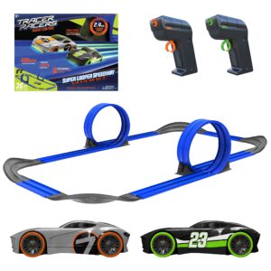 tracer racers remote control cordless glow in the dark high-speed super loop speedway track set with two cars for dual racing, glow blue