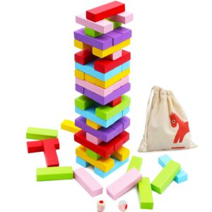 gentle monster wooden colorful stacking board games builing blocks for kids boys girls, 54 pcs wood balancing blocks montessori toy gift for kids, classic game for party with storage bag