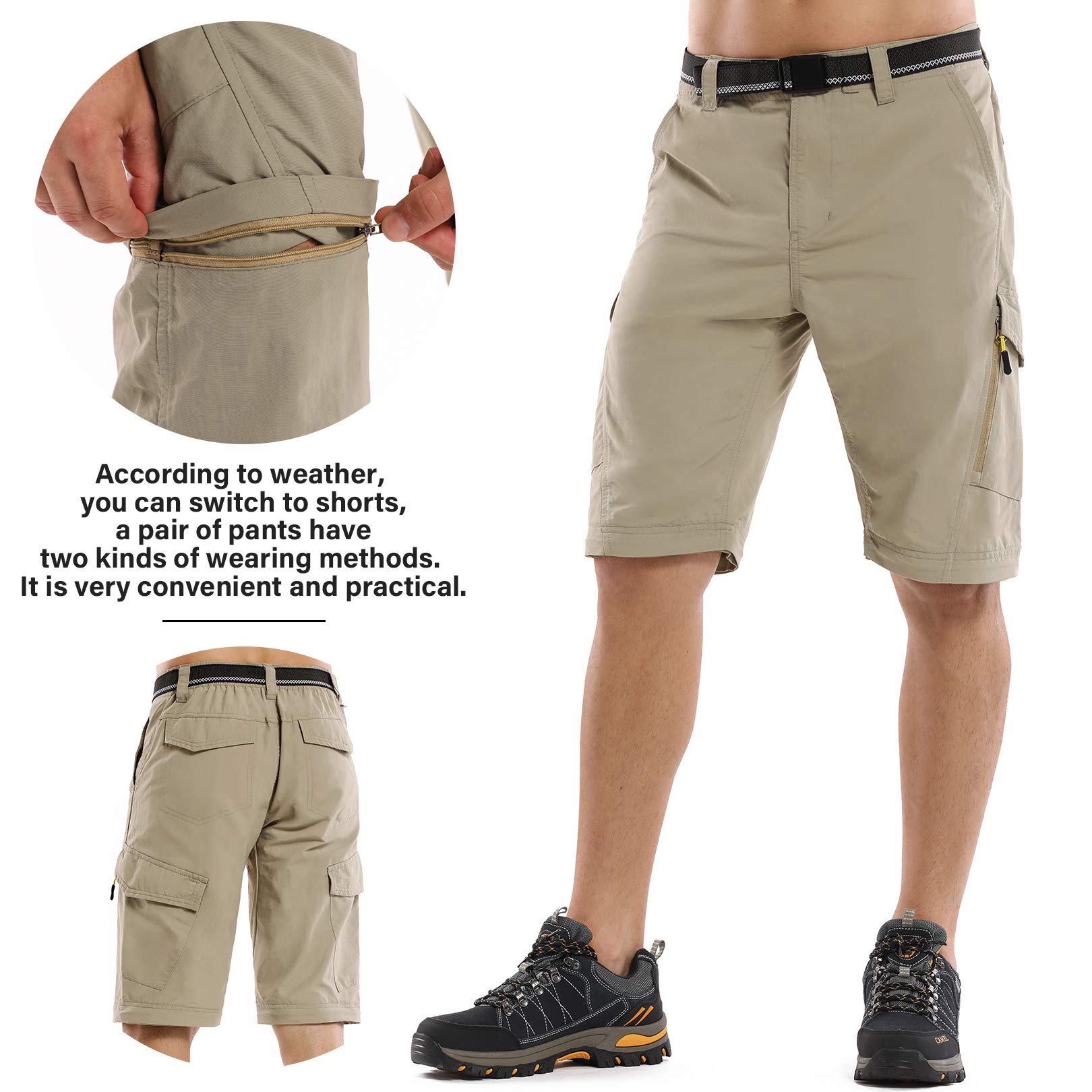 Hiking Pants for Men Convertible Zip Off Boy Scout Quick Dry Lightweight Cargo Travel Safari Pants (6088 Khaki 38)