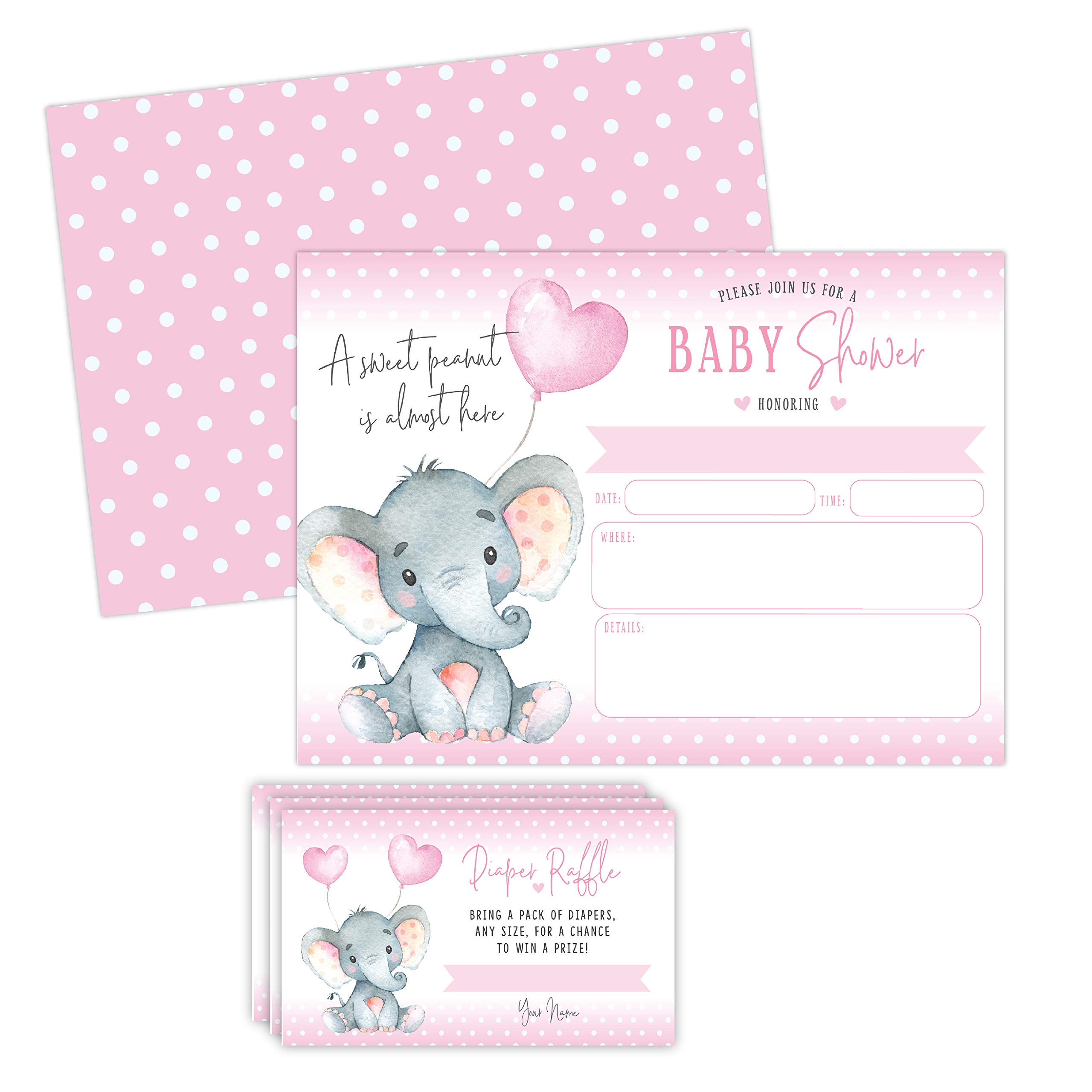 Your Main Event Prints Elephant Girl Baby Shower Invitations, Peanut Baby Shower Invites with Diaper Raffles Cards, Sprinkle, 20 Invites Including Envelopes