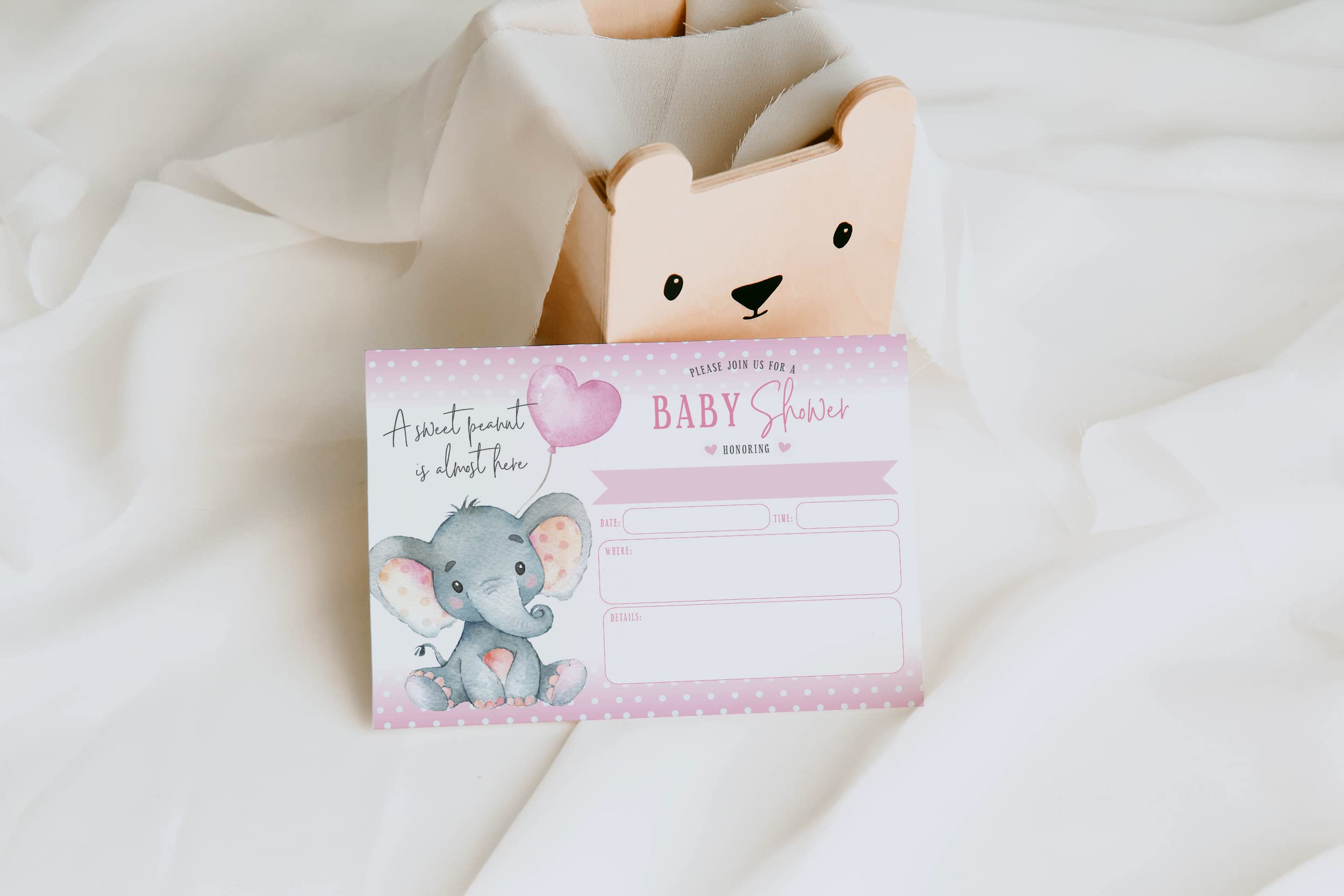 Your Main Event Prints Elephant Girl Baby Shower Invitations, Peanut Baby Shower Invites with Diaper Raffles Cards, Sprinkle, 20 Invites Including Envelopes