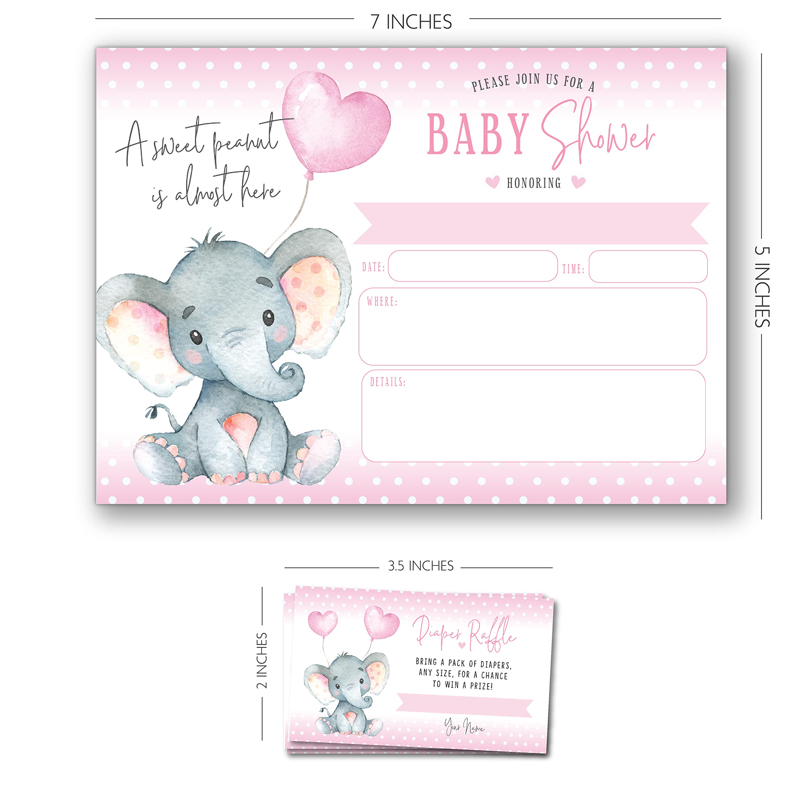 Your Main Event Prints Elephant Girl Baby Shower Invitations, Peanut Baby Shower Invites with Diaper Raffles Cards, Sprinkle, 20 Invites Including Envelopes