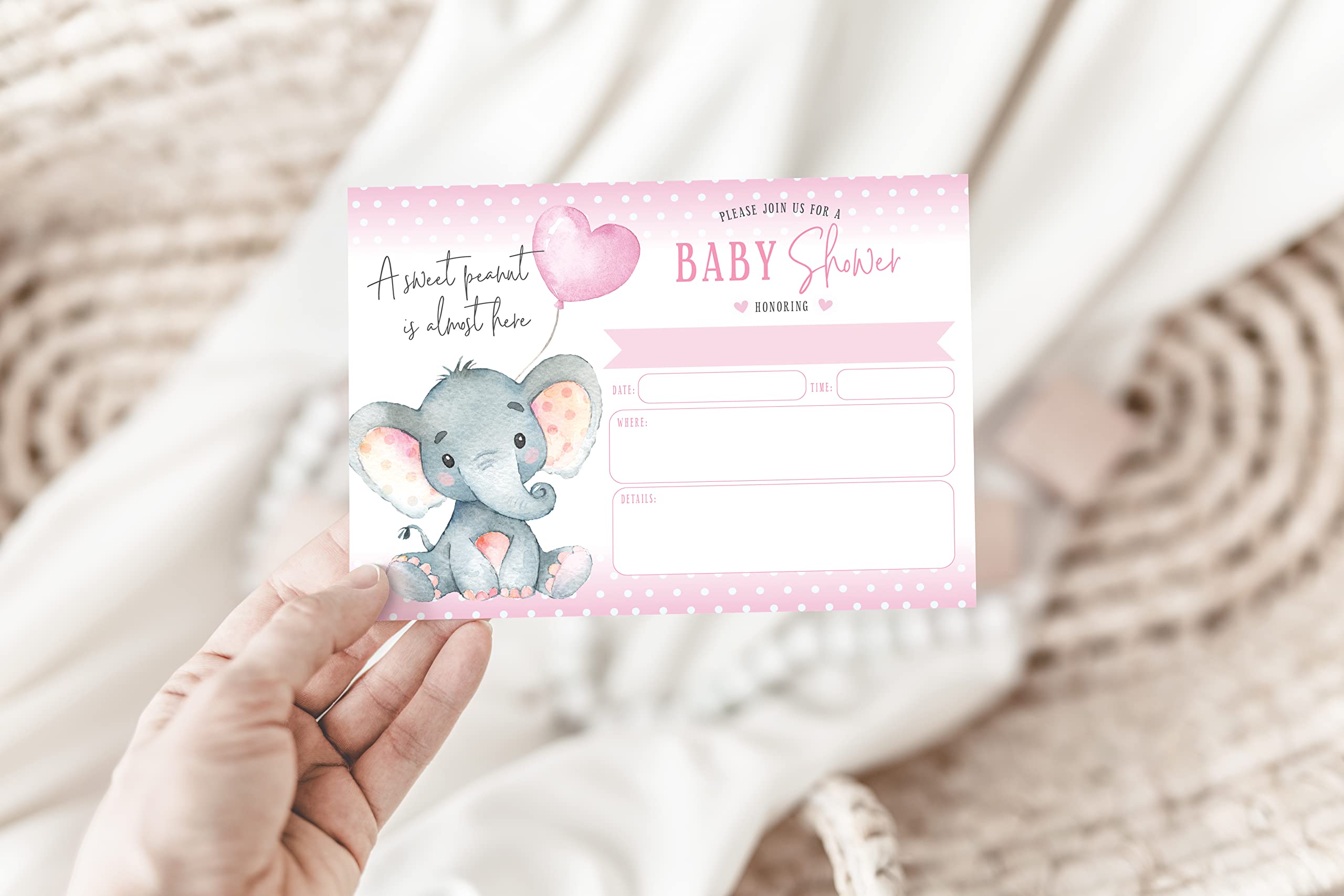 Your Main Event Prints Elephant Girl Baby Shower Invitations, Peanut Baby Shower Invites with Diaper Raffles Cards, Sprinkle, 20 Invites Including Envelopes