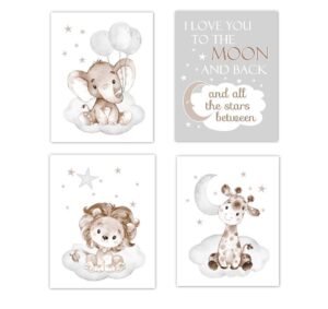 baby boy nursery wall art safari animals elephant giraffe lion i love you to the moon room decor 4 unframed prints